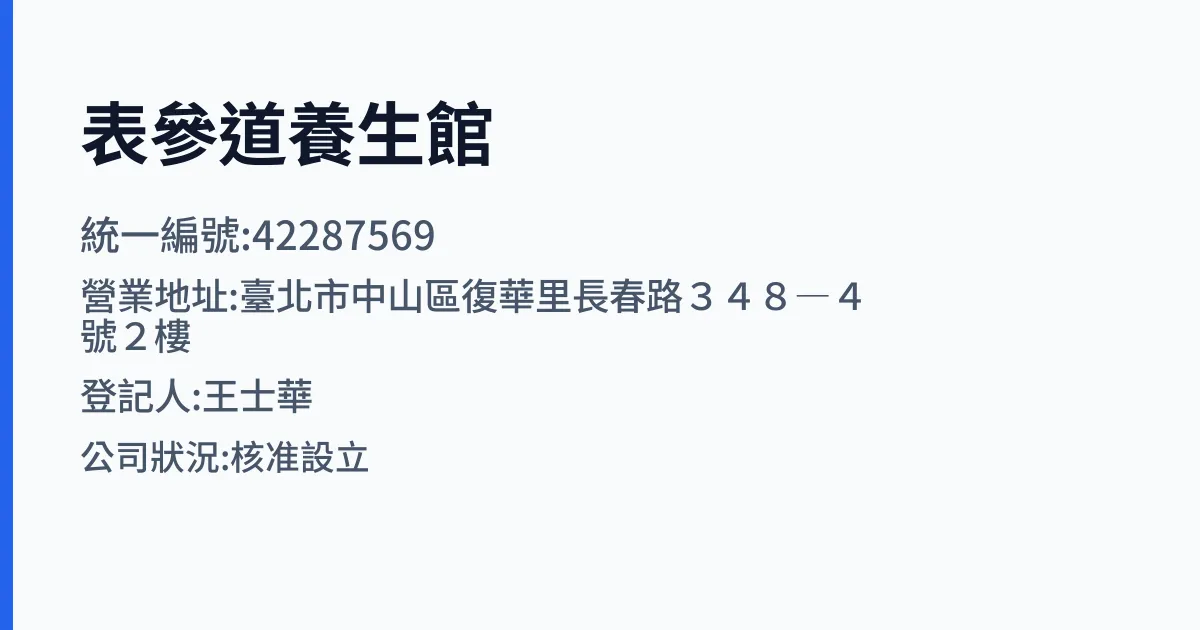 表參道養生館 - 統編 42287569(臺北市) 公司登記資料與營業項目詳細圖表