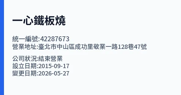 一心鐵板燒的照片-統編 42287673(臺北市) 公司登記資料與營業項目詳細圖表