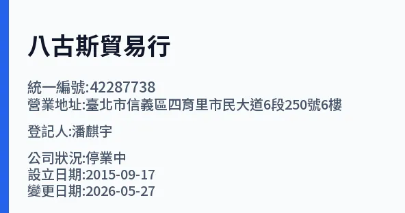 八古斯貿易行的照片-統編 42287738(臺北市) 公司登記資料與營業項目詳細圖表
