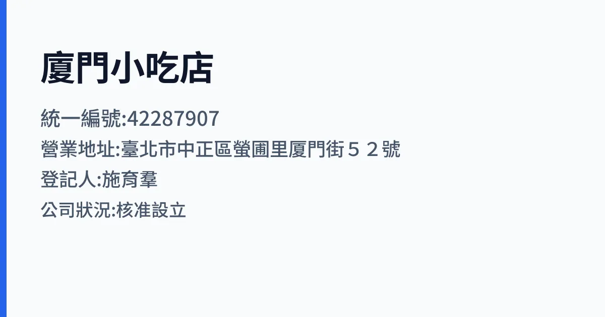 廈門小吃店 - 統編 42287907(臺北市) 公司登記資料與營業項目詳細圖表