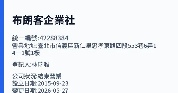 布朗客企業社的照片-統編 42288384(臺北市) 公司登記資料與營業項目詳細圖表