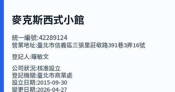 麥克斯西式小館的照片-統編 42289124(臺北市) 公司登記資料與營業項目詳細圖表