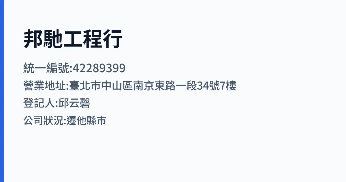 邦馳工程行 - 統編 42289399(新北市) 公司登記資料與營業項目詳細圖表