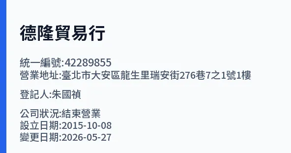 德隆貿易行的照片-統編 42289855(臺北市) 公司登記資料與營業項目詳細圖表