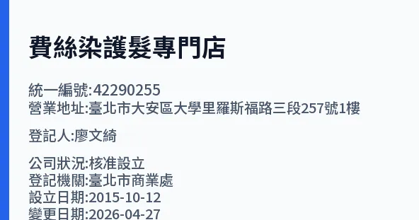 費絲染護髮專門店的照片-統編 42290255(臺北市) 公司登記資料與營業項目詳細圖表