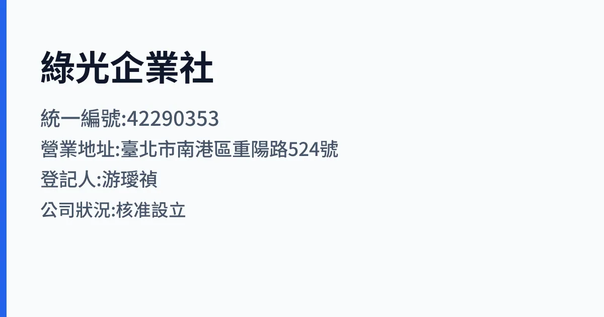 綠光企業社 - 統編 42290353(臺北市) 公司登記資料與營業項目詳細圖表
