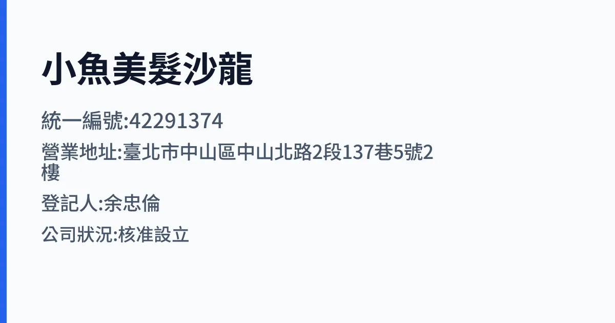 小魚美髮沙龍 - 統編 42291374(臺北市) 公司登記資料與營業項目詳細圖表