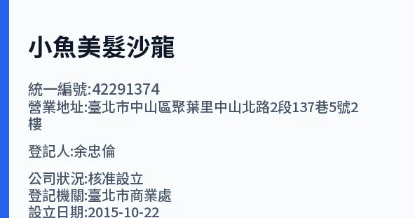 小魚美髮沙龍的照片-統編 42291374(臺北市) 公司登記資料與營業項目詳細圖表