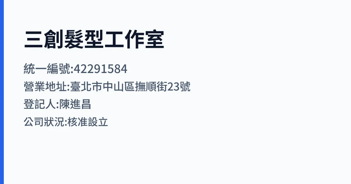 三創髮型工作室 - 統編 42291584(臺北市) 公司登記資料與營業項目詳細圖表