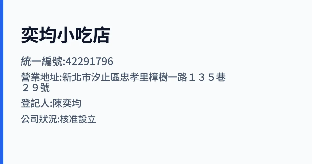 奕均小吃店 - 統編 42291796(新北市) 公司登記資料與營業項目詳細圖表
