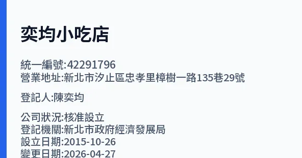 奕均小吃店的照片-統編 42291796(新北市) 公司登記資料與營業項目詳細圖表