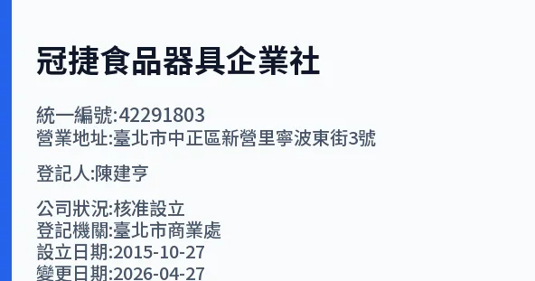 冠捷食品器具企業社的照片-統編 42291803(臺北市) 公司登記資料與營業項目詳細圖表