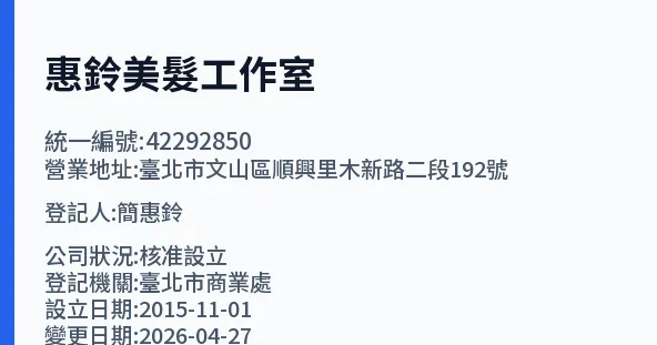 惠鈴美髮工作室的照片-統編 42292850(臺北市) 公司登記資料與營業項目詳細圖表