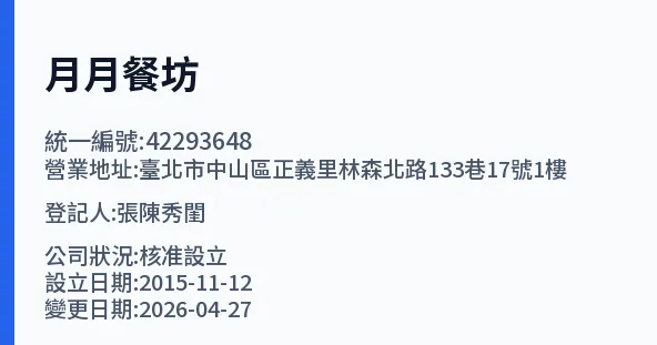 月月餐坊的照片-統編 42293648(臺北市) 公司登記資料與營業項目詳細圖表