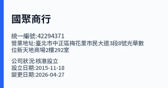 國聚商行的照片-統編 42294371(臺北市) 公司登記資料與營業項目詳細圖表