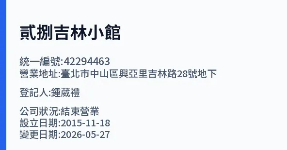 貳捌吉林小館的照片-統編 42294463(臺北市) 公司登記資料與營業項目詳細圖表