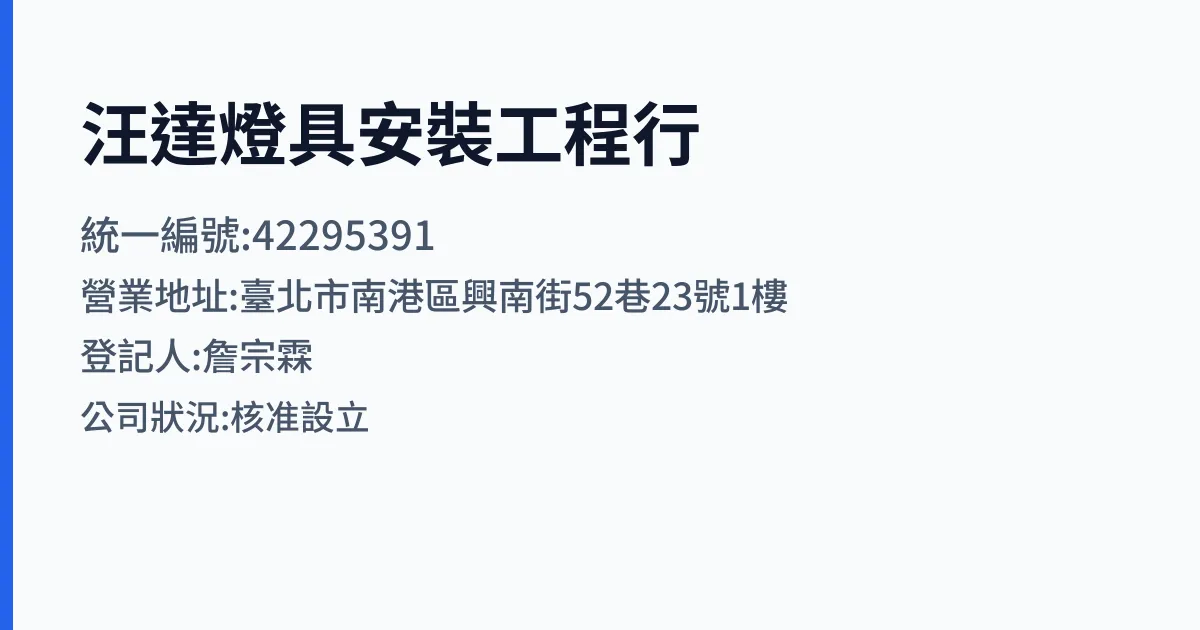 汪達燈具安裝工程行 - 統編 42295391(臺北市) 公司登記資料與營業項目詳細圖表