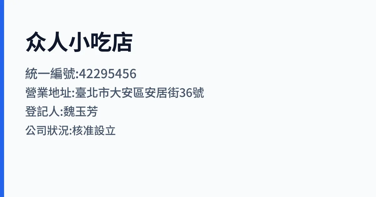 众人小吃店 - 統編 42295456(臺北市) 公司登記資料與營業項目詳細圖表