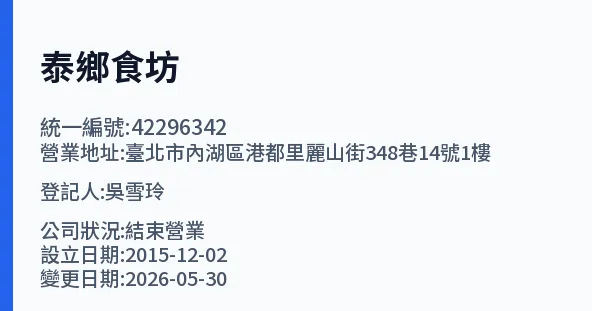 泰鄉食坊的照片-統編 42296342(臺北市) 公司登記資料與營業項目詳細圖表