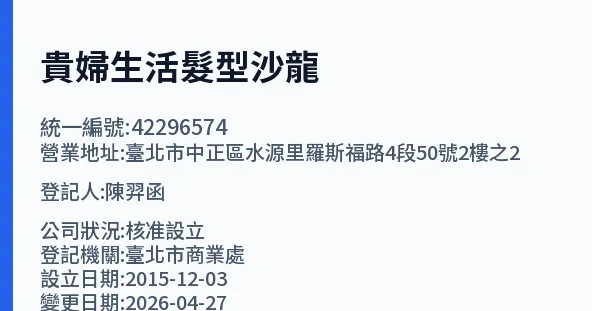 貴婦生活髮型沙龍的照片-統編 42296574(臺北市) 公司登記資料與營業項目詳細圖表