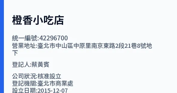 橙香小吃店的照片-統編 42296700(臺北市) 公司登記資料與營業項目詳細圖表
