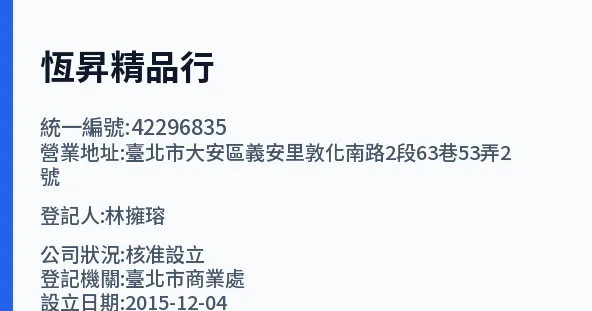恆昇精品行的照片-統編 42296835(臺北市) 公司登記資料與營業項目詳細圖表