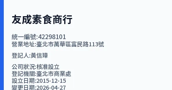 友成素食商行的照片-統編 42298101(臺北市) 公司登記資料與營業項目詳細圖表