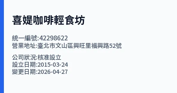 喜媞咖啡輕食坊的照片-統編 42298622(臺北市) 公司登記資料與營業項目詳細圖表