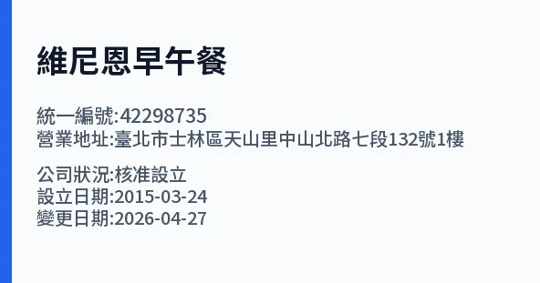 維尼恩早午餐的照片-統編 42298735(臺北市) 公司登記資料與營業項目詳細圖表