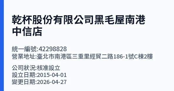 乾杯股份有限公司黑毛屋南港中信店的照片-統編 42298828(臺北市) 公司登記資料與營業項目詳細圖表