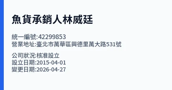 魚貨承銷人林威廷的照片-統編 42299853(臺北市) 公司登記資料與營業項目詳細圖表