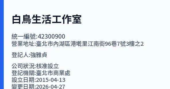 白鳥生活工作室的照片-統編 42300900(臺北市) 公司登記資料與營業項目詳細圖表