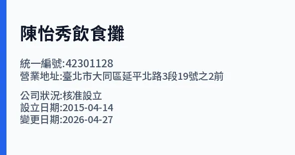 陳怡秀飲食攤的照片-統編 42301128(臺北市) 公司登記資料與營業項目詳細圖表