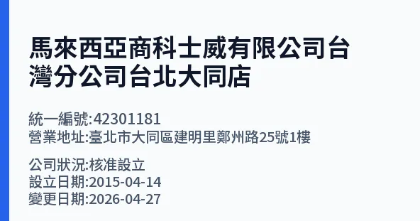 馬來西亞商科士威有限公司台灣分公司台北大同店的照片-統編 42301181(臺北市) 公司登記資料與營業項目詳細圖表