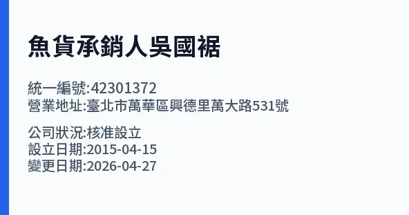 魚貨承銷人吳國裾的照片-統編 42301372(臺北市) 公司登記資料與營業項目詳細圖表