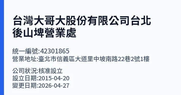 台灣大哥大股份有限公司台北後山埤營業處的照片-統編 42301865(臺北市) 公司登記資料與營業項目詳細圖表