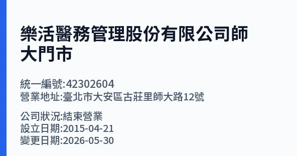 樂活醫務管理股份有限公司師大門市的照片-統編 42302604(臺北市) 公司登記資料與營業項目詳細圖表