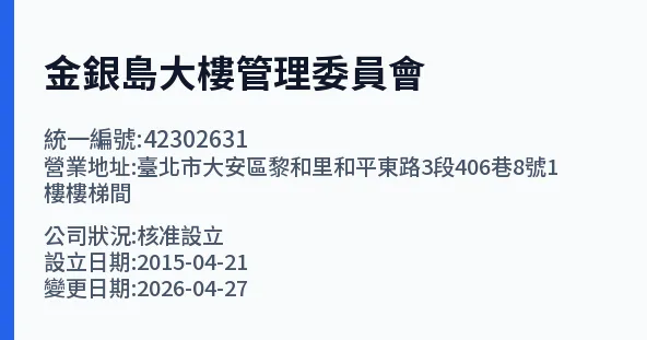 金銀島大樓管理委員會的照片-統編 42302631(臺北市) 公司登記資料與營業項目詳細圖表