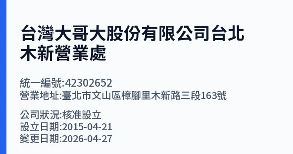 台灣大哥大股份有限公司台北木新營業處的照片-統編 42302652(臺北市) 公司登記資料與營業項目詳細圖表