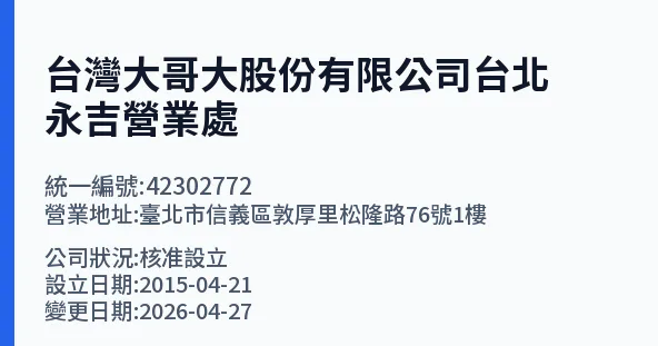 台灣大哥大股份有限公司台北永吉營業處的照片-統編 42302772(臺北市) 公司登記資料與營業項目詳細圖表