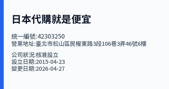 日本代購就是便宜的照片-統編 42303250(臺北市) 公司登記資料與營業項目詳細圖表