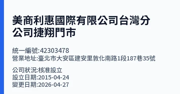美商利惠國際有限公司台灣分公司捷翔門市的照片-統編 42303478(臺北市) 公司登記資料與營業項目詳細圖表
