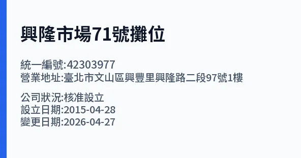 興隆市場71號攤位的照片-統編 42303977(臺北市) 公司登記資料與營業項目詳細圖表