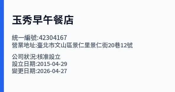 玉秀早午餐店的照片-統編 42304167(臺北市) 公司登記資料與營業項目詳細圖表