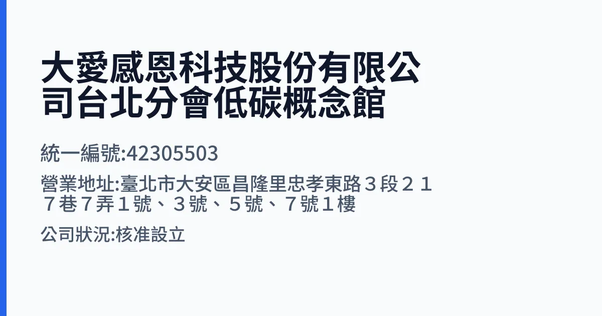 大愛感恩科技股份有限公司台北分會低碳概念館 - 統編 42305503(臺北市) 公司登記資料與營業項目詳細圖表