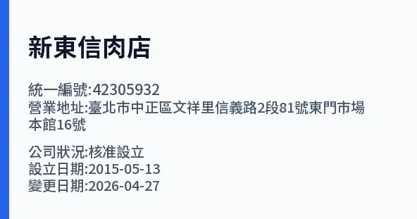 新東信肉店的照片-統編 42305932(臺北市) 公司登記資料與營業項目詳細圖表