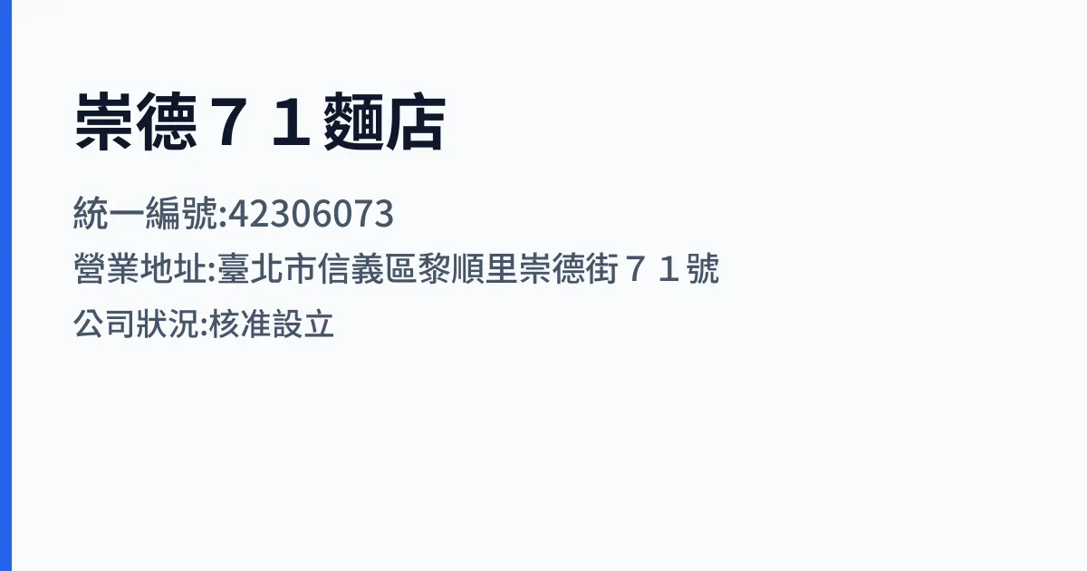崇德71麵店 - 統編 42306073(臺北市) 公司登記資料與營業項目詳細圖表