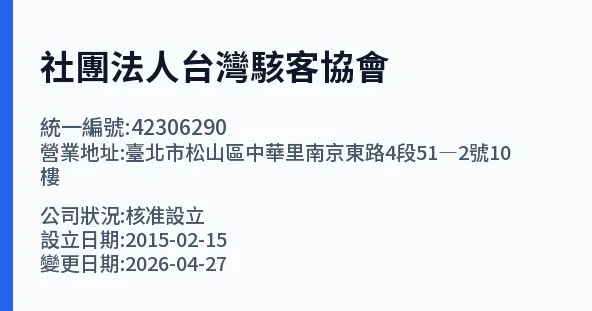 社團法人台灣駭客協會的照片-統編 42306290(臺北市) 公司登記資料與營業項目詳細圖表
