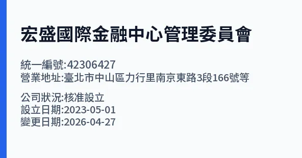 宏盛國際金融中心管理委員會的照片-統編 42306427(臺北市) 公司登記資料與營業項目詳細圖表