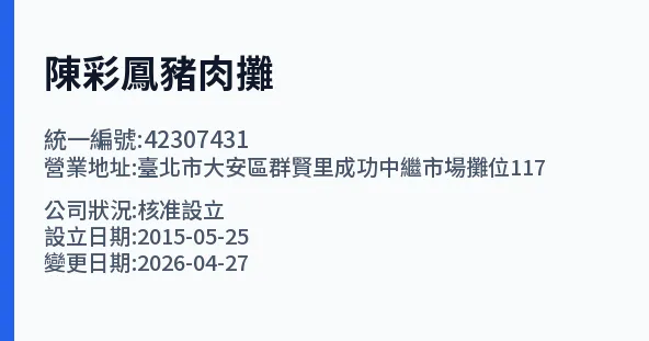 陳彩鳳豬肉攤的照片-統編 42307431(臺北市) 公司登記資料與營業項目詳細圖表